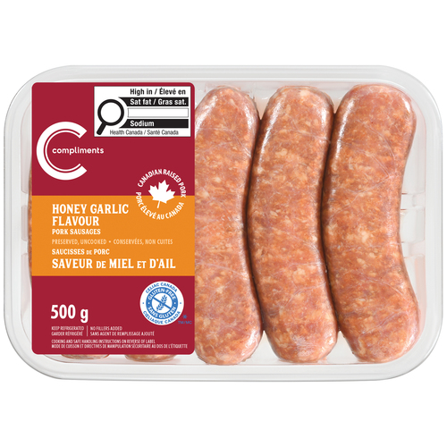 Buy Compliments Frozen Pork Sausage Honey Garlic 500 g | FreshCo