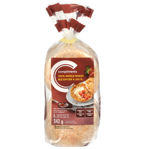 Buy Compliments 100% Whole Wheat 6 Pack English Muffins 342 g | FreshCo