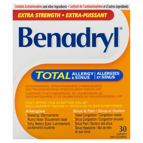 Buy Benadryl Total Allergy And Sinus Extra Strength Caplets 30 Count ...